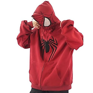Josfey Y2k Hoodie Pink Spider Hoodie Graphic Hoodies Zip Up Hoodie Y2k Kawaii Jacket Sweater Oversized Sweatshirt for Women (Dark Red,Medium,Medium,Regular,Regular)