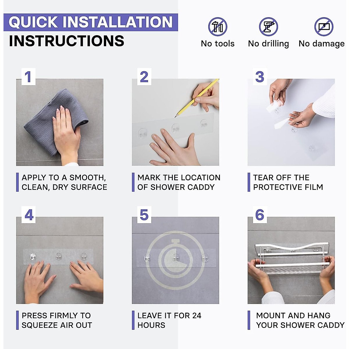 iLikeNew Luxury Multipurpose Storage Caddy, 12.75W x 5D x 5H inches, 4 Hooks, Peel and Stick, Rustproof Stainless Steel, Shower Organizer, Under-Sink, Spice Rack Wall Shelf (1)