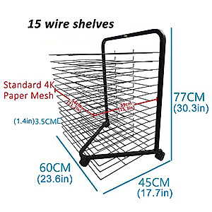 15 Shelves Art Drying Rack Wire Drying Rack Metal Steel Art Organizer Mobile Painting Drying Shelf with 3 Wheels for Schools and Art Clubs, 4K Paper Shelves 21.2 X 15.3 Inches