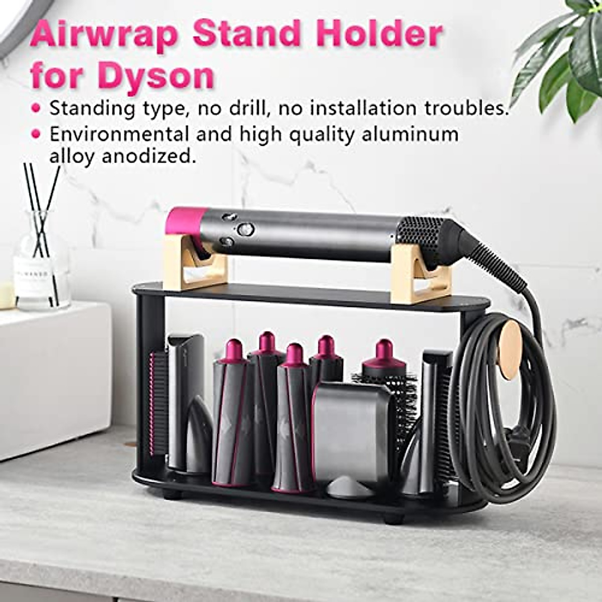 Aluminum Alloy Countertop Bracket Organizer Stand Storage Holder for Air Blower Styler Storage Rack for Hair Curling Iron Wand Barrels Brushes Diffuser Nozzles for Home Bedroom Bathroom (Gold)