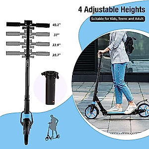 Scooter for Kids Ages 8-12, Folding Scooter for Teens/Adults with 4 Adjustment Levels, Big 8" Wheels Scooter with Anti-Shock Suspension and Carry Strap, Adult Scooter up to 220lbs, Azure