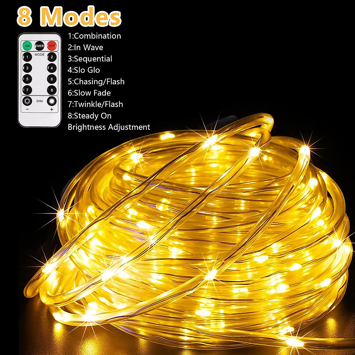 Bebrant LED Rope Lights Battery Operated String Lights-40Ft 120 LEDs 8 Modes Outdoor Waterproof Fairy Lights Dimmable/Timer with Remote for Camping Party Garden Holiday Decoration(Warm 1 Pack)