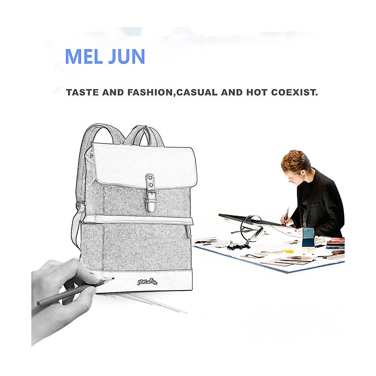 MEL JUN Laptop Backpack for School and Travel , 15.6 Inch Durable Casual Laptop Computer Backpack, Waterproof Resistant College Bookbag Gifts for Men Women -Grey with Blue