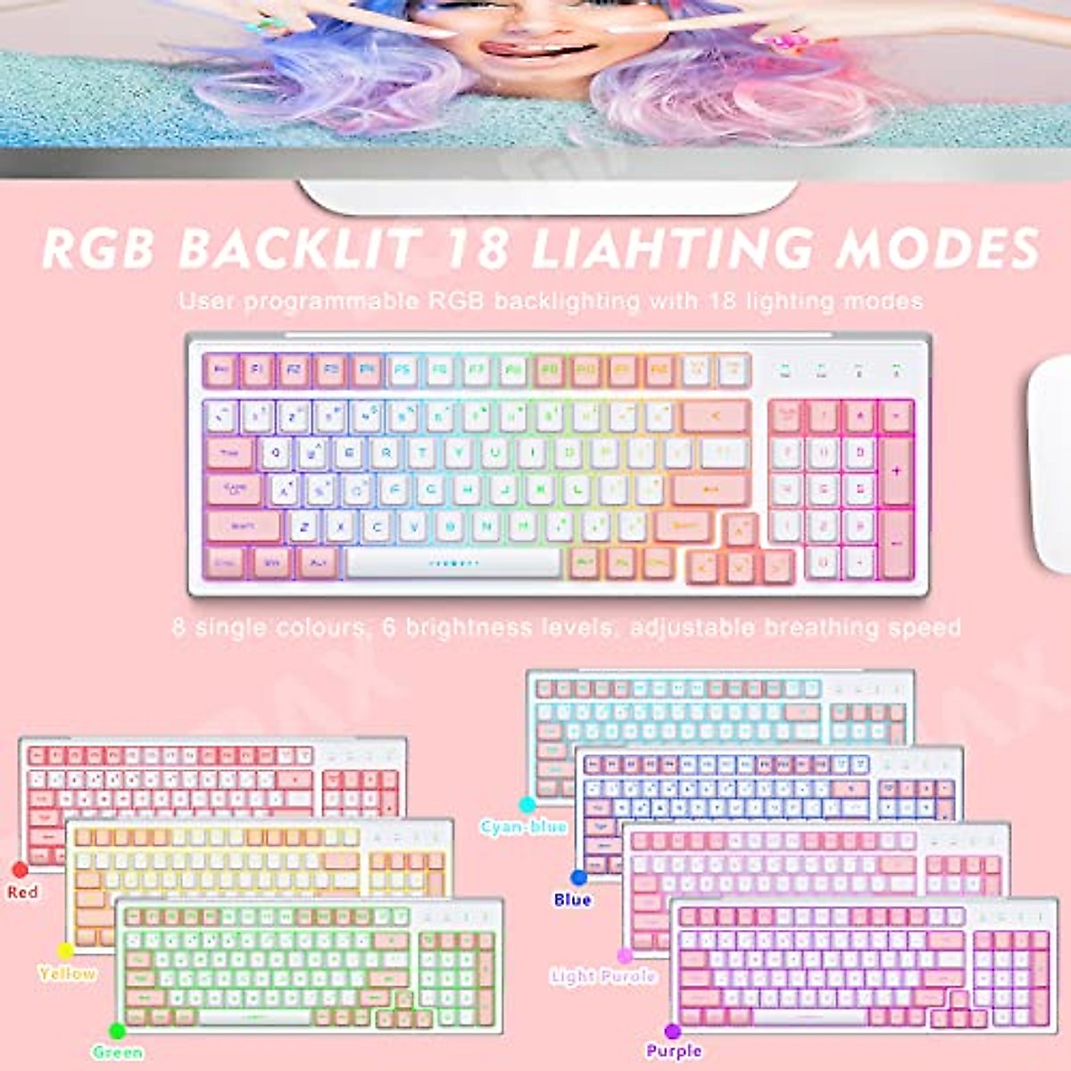 CK98 Wireless Gaming Keyboard and Mouse Combo,Rechargeable RGB White Gaming Keyboard RGB Backlit 98 Keys Mechanical Feeling Dual Color Keyboard and Gaming Mouse 3200DPI for PC Mac Gamers(WhitePink)