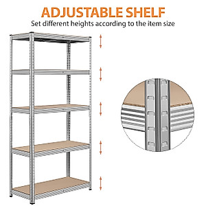 Topeakmart 5-Tier Utility Shelves, Metal Storage Shelves Unit Adjustable Garage Storage Racks Heavy Duty Shed Shelving- Silver, 35.5 x 16 x 71 Inch