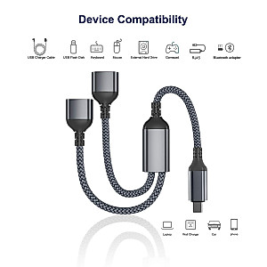 USB-C OTG Splitter Y Cable 1M,Type C to Dual USB 2.0 Adapter,C Male to Double Female Converter Split 2 in 1 Cord for MacBook,iPad 10 Mini 6 Air 4 5,iPhone 16 15,Galaxy S24 S23 21 20 Z Flip Fold Tab S8