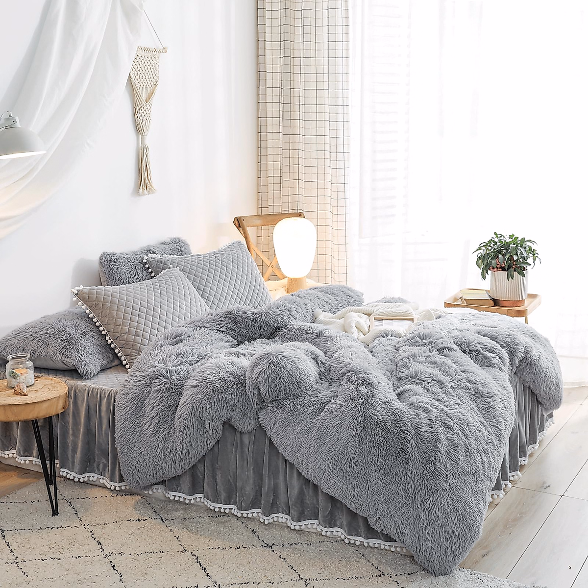 HAIHUA Luxury Plush Shaggy Flannel Velvet (1 Faux Fur Duvet Cover) Fluffy Comforter Bedding Sets 1 Pieces,Zipper Closure (Gray, Queen)