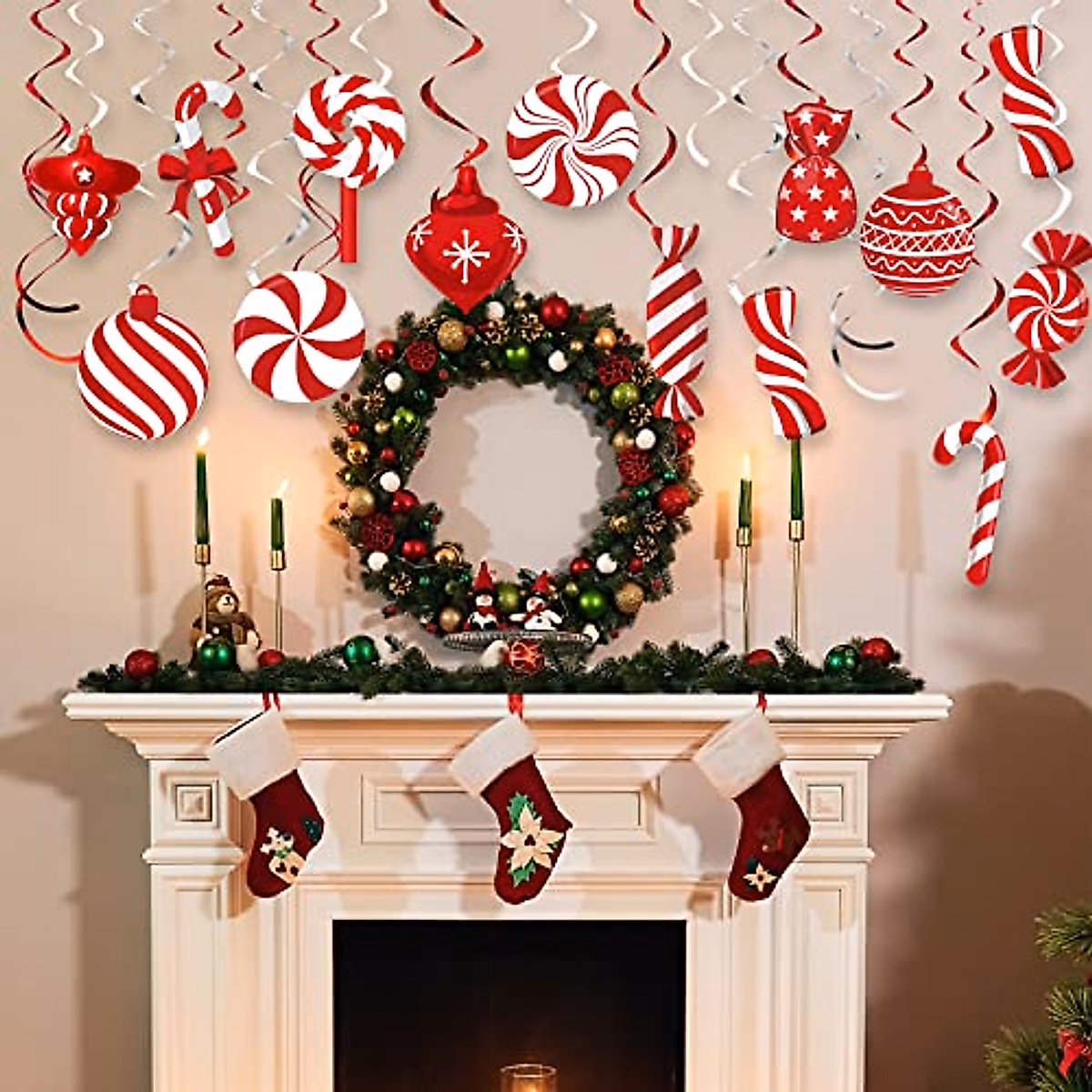 Christmas Peppermint Candy Hanging Decorations Christmas Candies Ceiling Hanging Swirls Xmas Party Ceiling Whirl Streamers For Home Winter Holiday Christmas Party Decor (Red White,Mixed Candy)