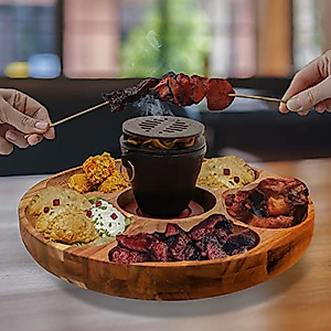 PuPu Platter Mini Hibachi Grill Platter Set - 5 Compartment Bowl Tray 12.6" Diameter With Rotating Lazy Susan - Quality Cast Iron Grill, 3.5" x 3.5" X 4.8", Indoor Mini Smores Maker