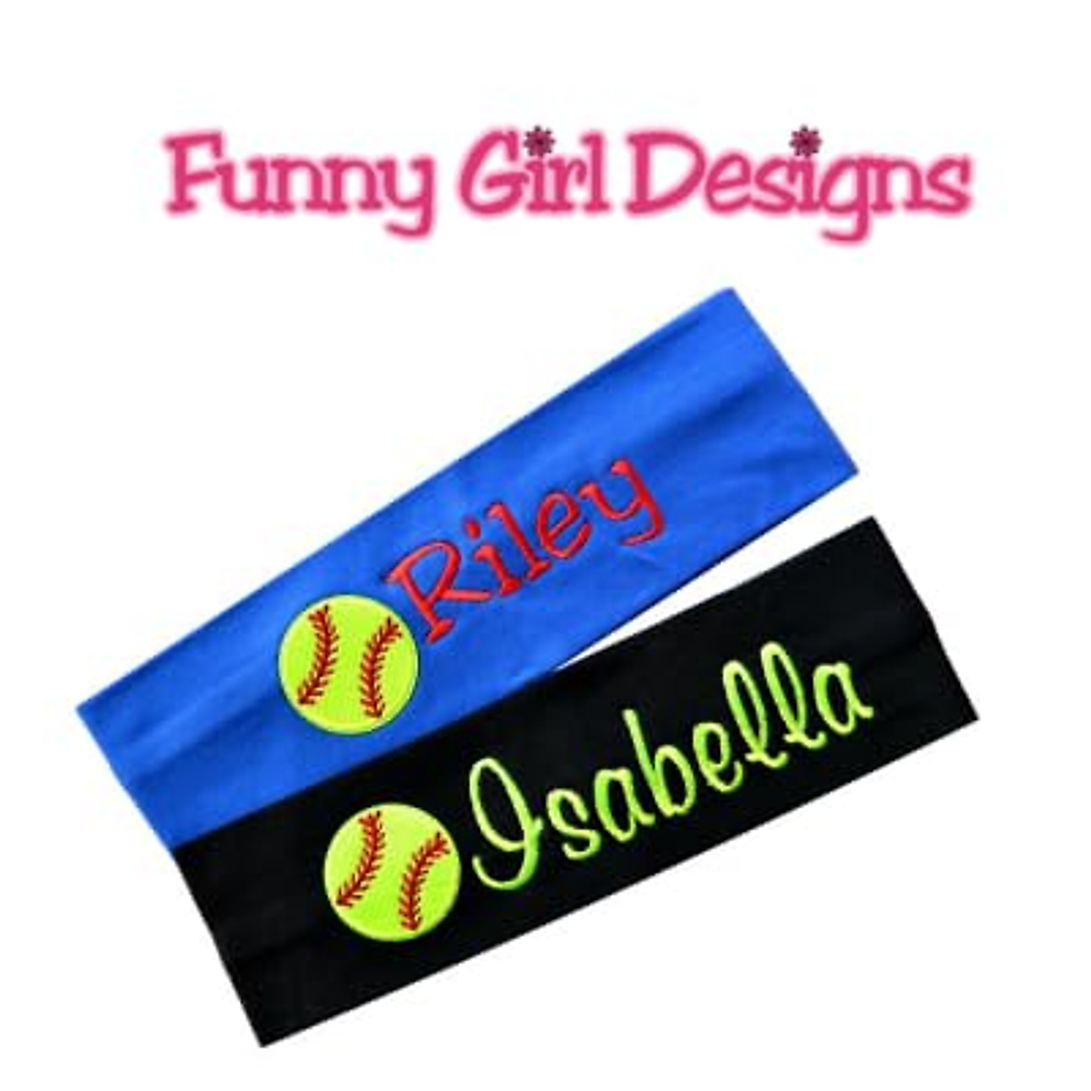 Funny Girl Designs Personalized Embroidered Softball Patch Cotton Stretch Headband Your Custom Colors and Player Name