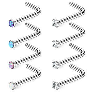 Ruifan 22G 316L Surgical Steel 1.5mm Mix Color Jeweled Opal & Clear CZ Nose L-Shaped Rings Studs Ring Body Piercing Jewelry 8PCS