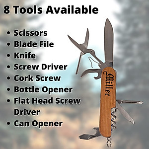 Personalized Wooden Pocket Knife | Customizable Design | Laser Engraved | 8-Function Multi-Tool (Stainless Steel) | Gift for Men, Groomsmen, Birthday, Graduations