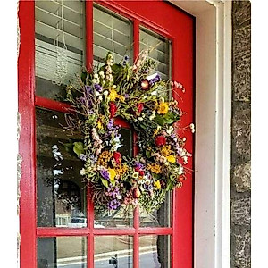 The Gathering Garden Fern and Flower. Dried Cockscomb & Strawflower Floral Spring Summer Fall Wreath 22 inch for Front Door.