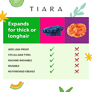 TIARA Luxury Shower Cap for Women Reusable Waterproof, Hair Cap for Long & Short Hair, All Size Flexi Adjustable Terry Lined Cloth Plastic Leakproof Soft, Breathable, Durable & Comfy (Dots Blue)