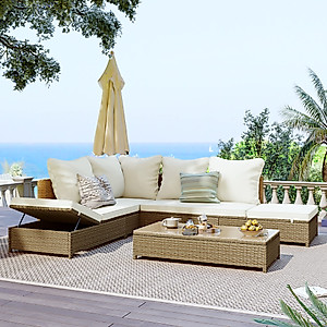 GLANZEND 3-Piece Rattan Sofa Weather PE Wicker Sectional Set with Adjustable Chaise Lounge Frame and Tempered Glass Table, Natural Brown+ Beige Cushion