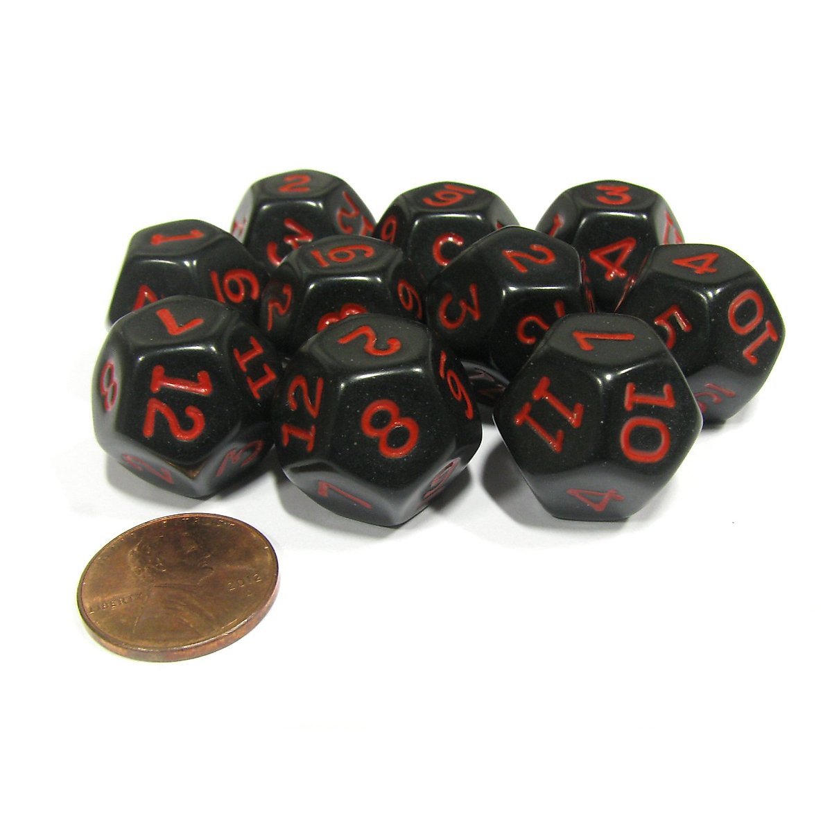 Koplow Games Set of 10 D12 12-Sided 18mm Opaque RPG Dice - Black with Red Numbers