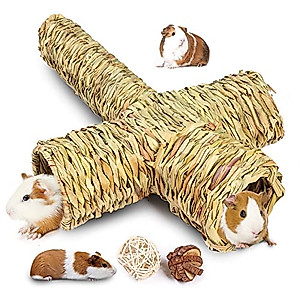 PStarDMoon Hamster Grass Tunnel Toy with Balls Nature's Hideaway Straw House with 4 Open Entrance Guinea Pig Tunnels and Tubes Toys for Rats,Syrian Gerbil,Ferrets,Little Rabbit (Style 1)