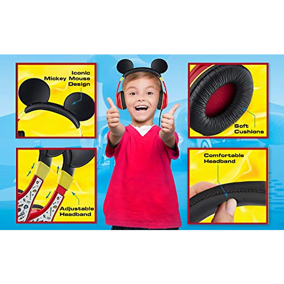 eKids Mickey Mouse Headphones For Kids, Adjustable Over the Ear Headphones, 3.5mm Jack Wired Headphones with Parental Volume Control, for Fans of Mickey Mouse Gifts