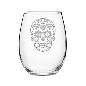 Skull Day of the Dead 21 oz Stemless Wine Glass - Set of 4