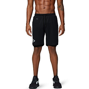 Pinkbomb Men's 2 in 1 Running Shorts Gym Workout Quick Dry Mens Shorts with Phone Pocket (Black, Large)