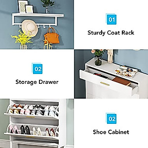 Tribesigns Shoe Cabinet with Flip Doors for Entryway, 2-In-1 Design Coat Rack Shelf with Shoe Storage Cabinet, Wooden Shoes Rack Shoe Organizer with Coat Hooks for Hallway