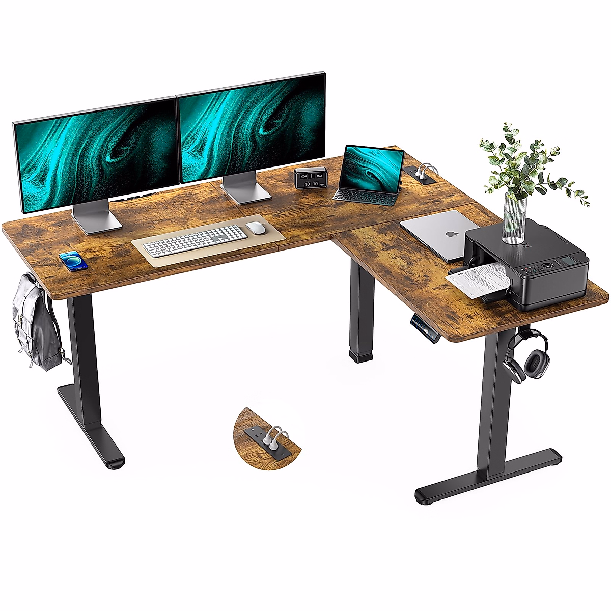 Marsail Standing Desk Adjustable Height with 4-in 1 Electical Outlet, L Shaped Electric Standing Desk with Headphone Hook, Stand up Desk for Home Office Sturdy Writing Workstation, Rustic