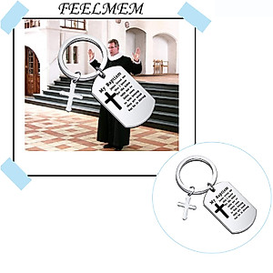 FEELMEM Christian Baptism Gift Jesus Loves Me My Baptism Dog Tag Keychain Teen Adult Woman Religious Baptized Jewelry Confirmation Gift for Girl (silver)