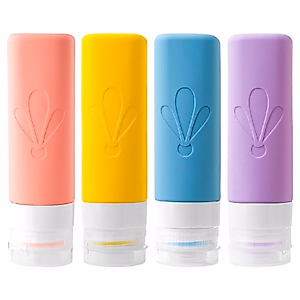 Wonsea 4 pack Travel Bottles for Toiletries TSA Approved Leak Proof containers BPA Free Travel conditioner Silicone Travel size bottles shampoo container 3oz Travel bottle with bag (Purple and Pink)