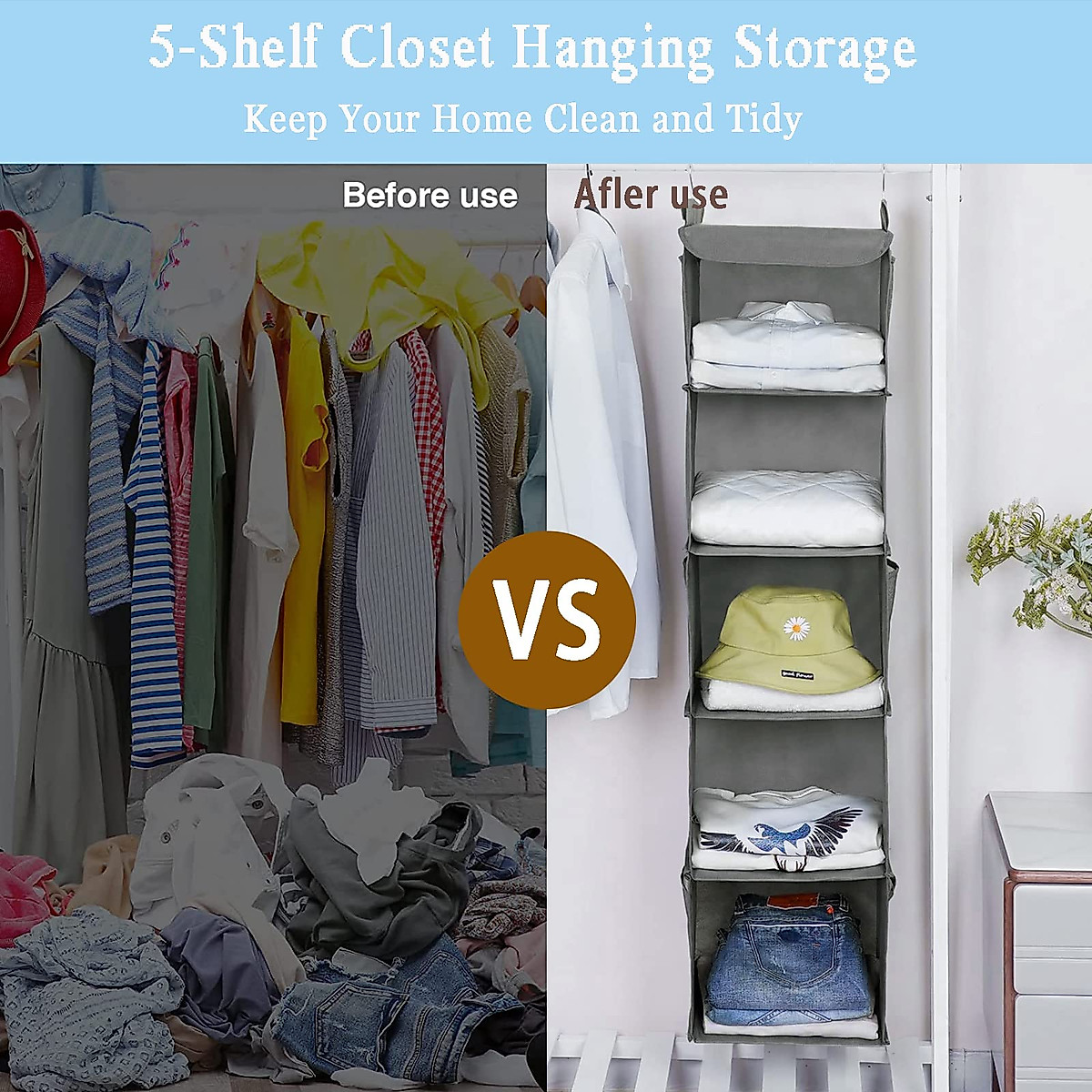 BSFHH Hanging Closet Organizer, 5-Shelf Closet Hanging Storage with 6 Side Pockets,Collapsible Hanging Shelves for Closet Oxford Cloth 10.4" W x 11.8" L x 51.6" H (Grey, 1 Pack)