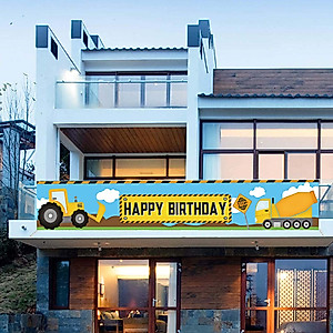 ZDX Construction Theme Happy Birthday Banner 118'' x 20'' Large Indoor Outdoor Decorations Yard Sign Excavator Dump Trucks Boy Birthday Party Banner Supplies Cake Table Photo Background