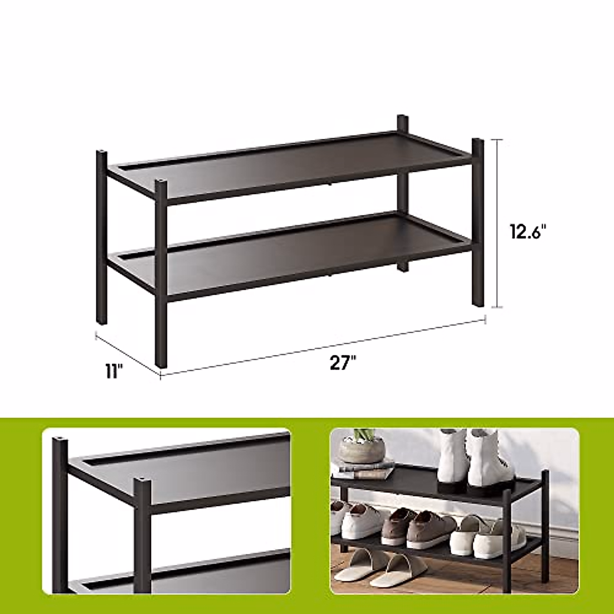 BMOSU 2-Tier Bamboo Shoe Rack Premium Stackable Shoe Shelf Storage Organizer for Hallway Closet Living Room Entryway Organizer(Black)