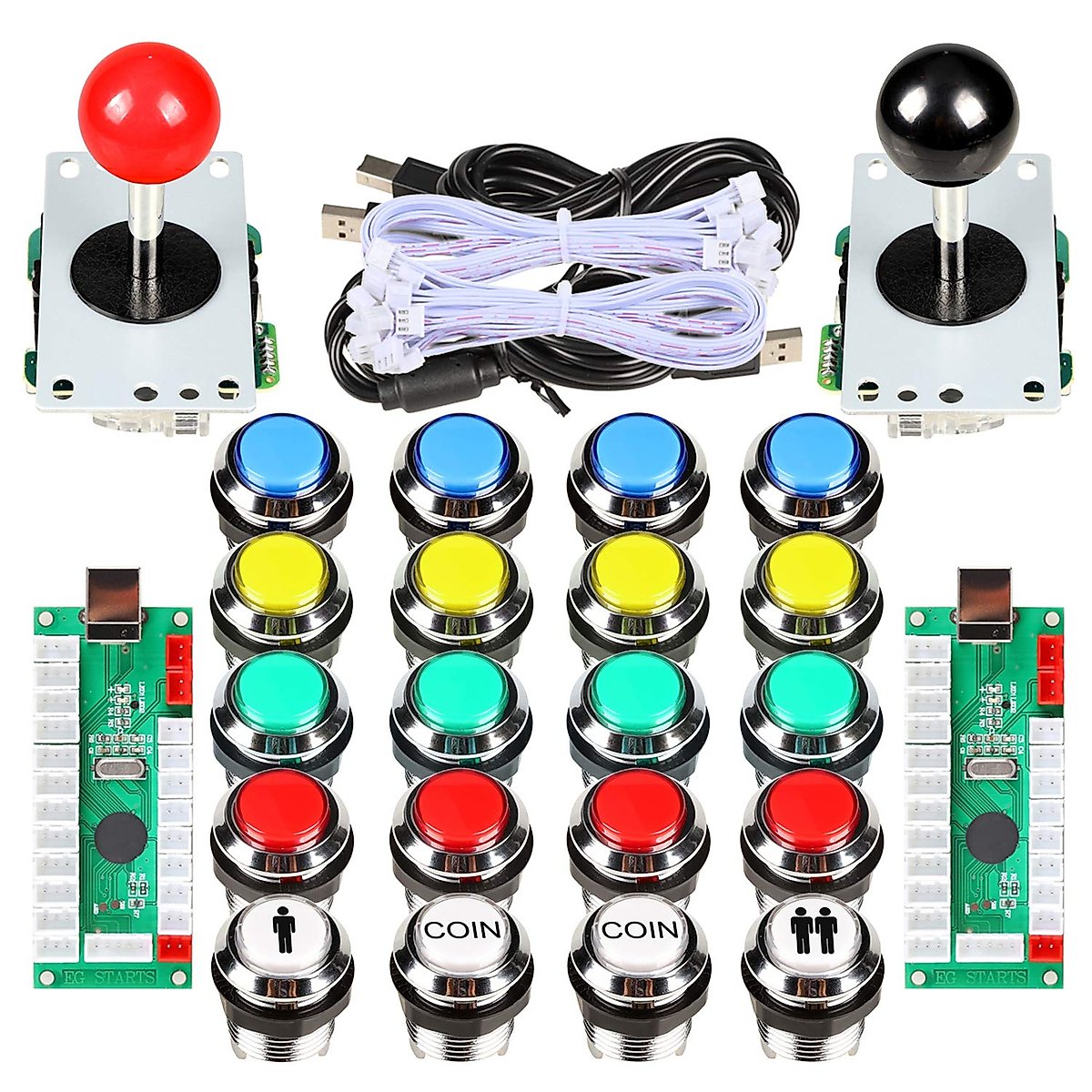 Avisiri 2 Player Arcade Joystick DIY Kit 2 x 8 way Joystick + 20x Chrome LED Arcade Buttons Game Kit for PC Raspberry Pi Video Games (Red-Blue Kits)