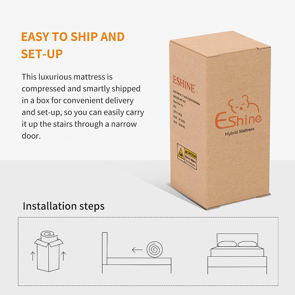 ESHINE Adjustable Bed with Mattress 2000 Series, Adjustable Bed Frame Split King + Memory Foam Hybrid 14" Mattress, 5 Minutes Installation, Head and Foot Incline