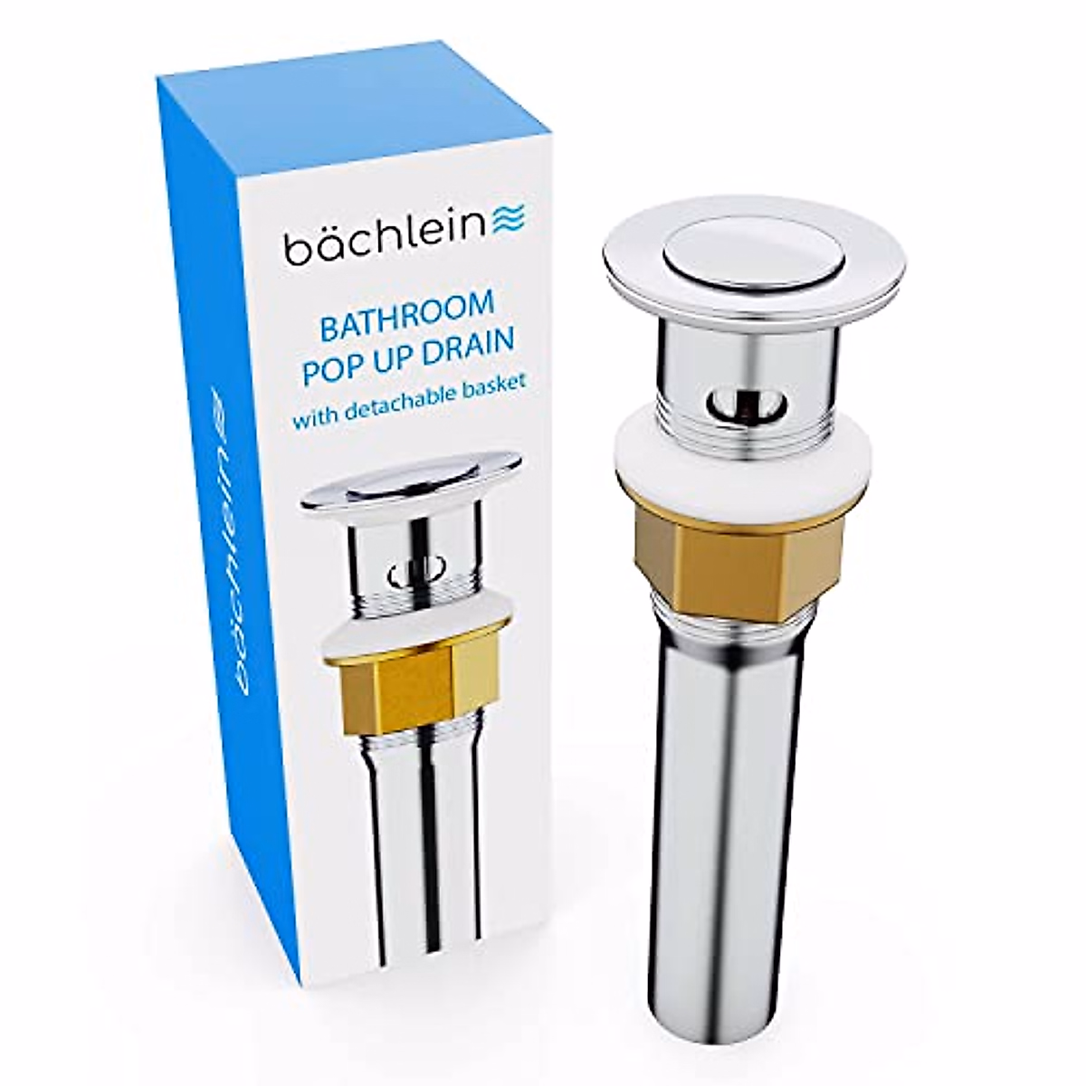 Bächlein Bathroom Sink Drain with Overflow - Chrome Pop Up Drain incl. 3 Extra Seals - German Brand