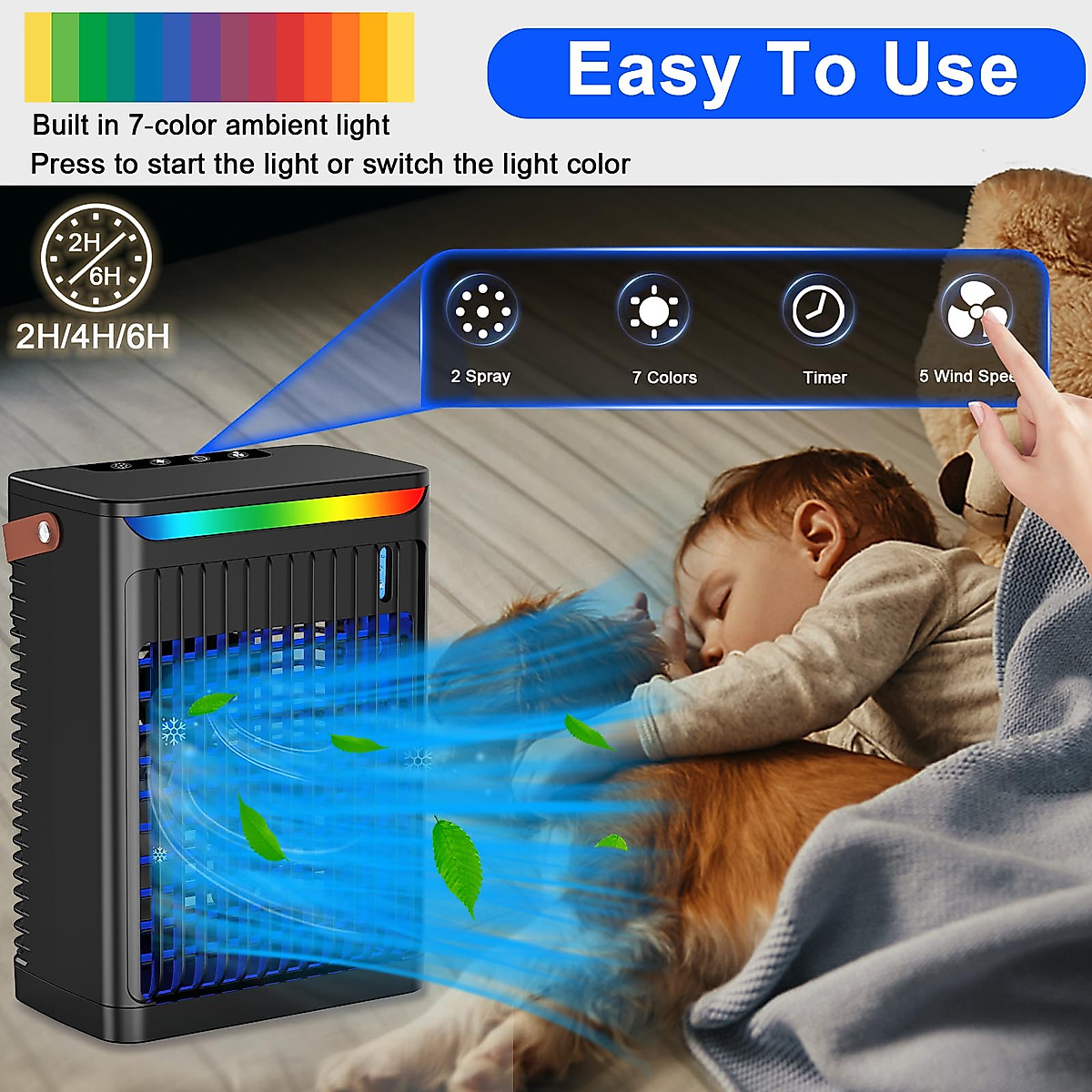 Portable Air Conditioners Fan - Portable AC Mini Air Cooler,Personal Quiet Small Mobile Cooling Fan,2/4/6 H Timer, 5 Speeds,for Home,Room,Car - Black