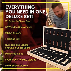 Magnetic Wood Chess Set-15-Inch-Folding Board, Portable Travel Chess Board Game Set Comes with Crafted Chess Game Pieces, Numbers & Letters in a Solution Storage, Great Chess Sets for Kids & Family.