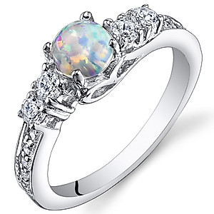 PEORA Created White Fire Opal Ring 925 Sterling Silver, Sweetheart Solitaire, Round Shape Cabochon, Comfort Fit, Size 8