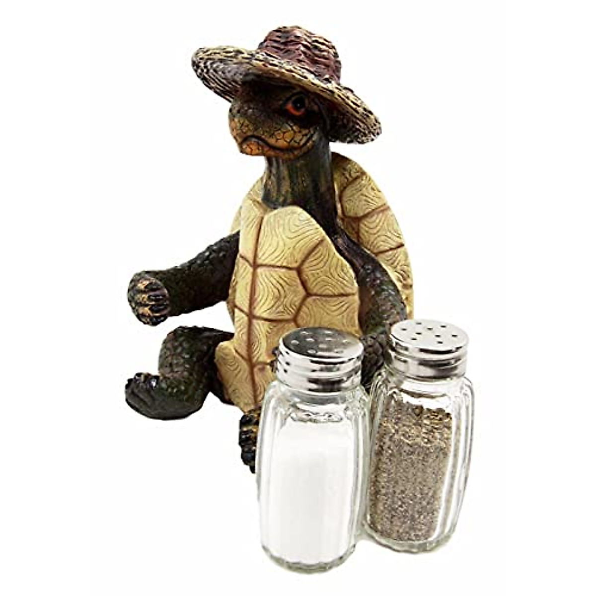 Set Of 1 Outgoing Turtle With Wicker Hat Salt Pepper Shakers Holder Figurine