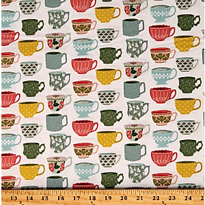Cotton Tea Cups Mugs Dishes Coffee Tea with Bea White Cotton Fabric Print by The Yard (C10492)