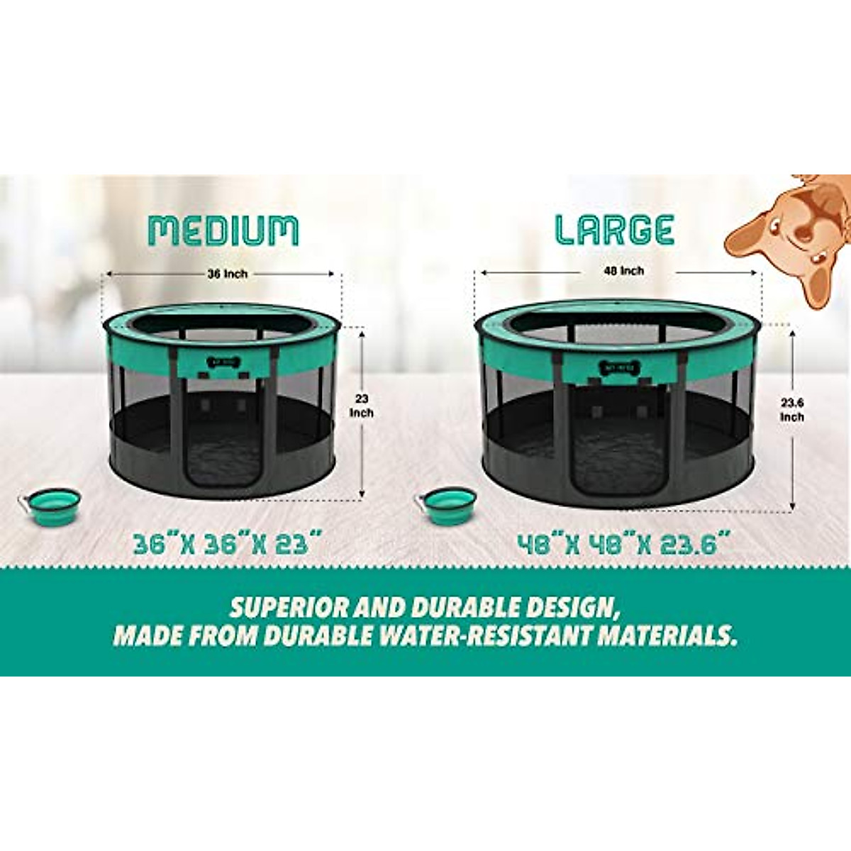 Ruff 'N Ruffus Portable Foldable Pet Playpen +Free Carrying Case + Free Travel Bowl (Medium (36x36x23 inches), Aqua (Blue))