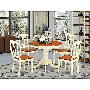 East West Furniture ANKE5-WHI-W 5 Piece Dining Room Furniture Set Includes a Round Dining Table with Pedestal and 4 Wood Seat Chairs, 36x36 Inch, Buttermilk & Cherry