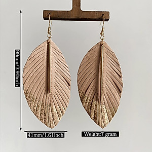 Handmade Bohemian Lightweight Soft Genuine Leather Feather Leaf Dangle Drop Earring Sparkle Real Leather Large Leaf Hook Earrings With Simple Drop Metal Bar for Women Statement Jewelry Gifts (Khaki)