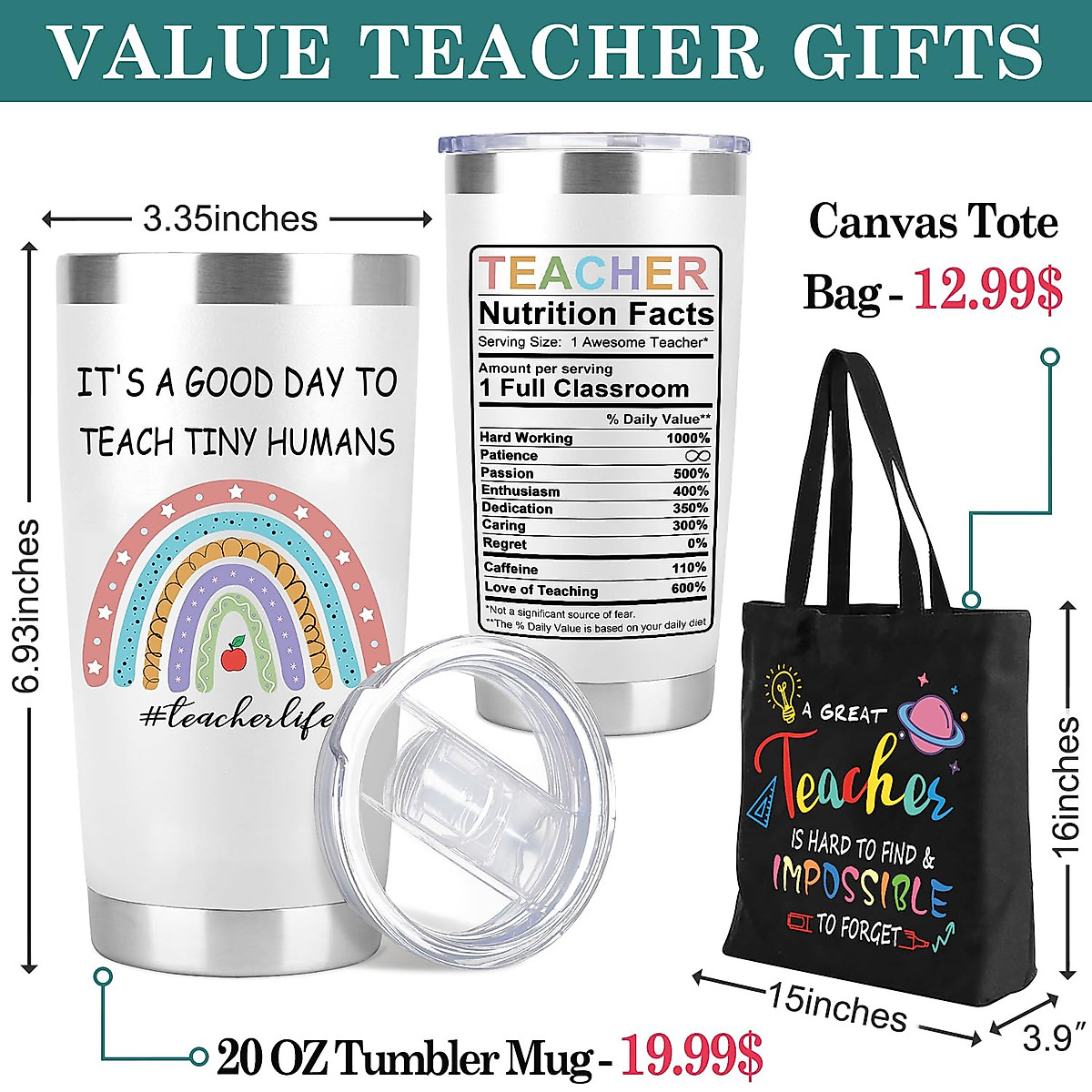 Teacher Appreciation Gifts with Tumbler and Tote Bag, Daycare Teacher Gifts for Birthday with Travel Beach Bag and Cup