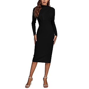 LYANER Women's Ruched Mock Neck Split Back Long Sleeve Cocktail Party Bodycon Midi Dress Solid Black Medium