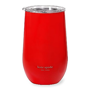 kate spade new york Insulated Stainless Steel Wine Tumbler, 16 Ounce Double Wall Tumbler, Red Stemless Travel Cup with Lid, Raise a Glass