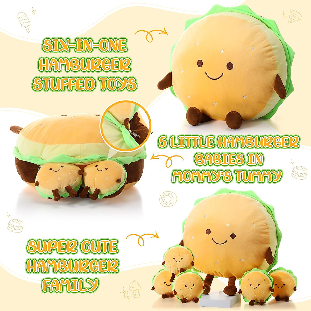 HyDren 1 Pc 16'' and 5 Pcs 4'' Hamburgers Plush Toy Set Cute Food Plush Pillow with Zipper Gift