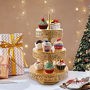 weharnar Gold Cupcake Stand - Tiered Dessert Table Display Set 3 Tier Metal Gold Serving Tray Round Cake Stand Holder for Wedding Tea Party Baby Shower Birthday Christmas Decor