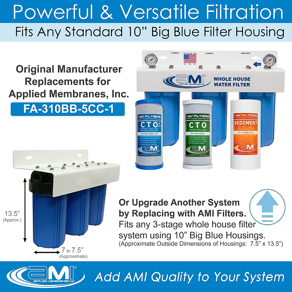 Applied Membranes Inc. 3-Stage Whole-House Water Filter Cartridge Replacements, Includes 10-Inch Sediment, Carbon, and Lead Filter Cartridges