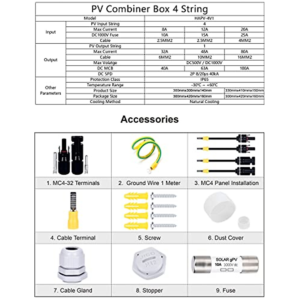 DIHOOL 4 String PV Solar Combiner Box for Solar Panels 10 Amp Fuse UV-Proof IP65 Waterproof Box DC500V