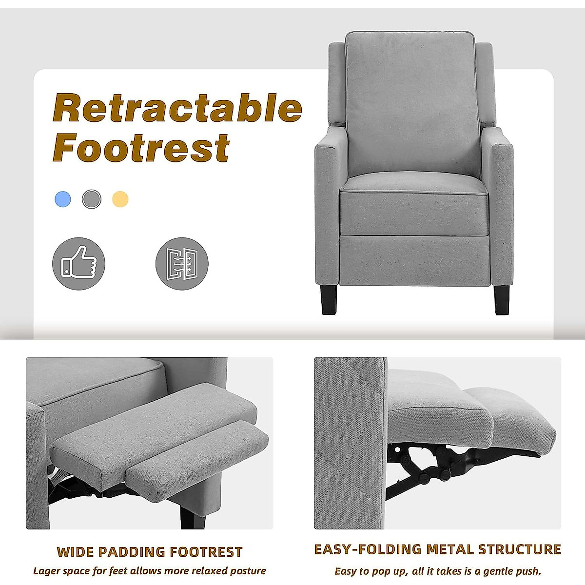 AVAWING Push Back Recliner Chair Set of 2, Wing Back Chairs with Arms, Mid-Century Vintage Accent Chair for Living Room, polyester, Grey